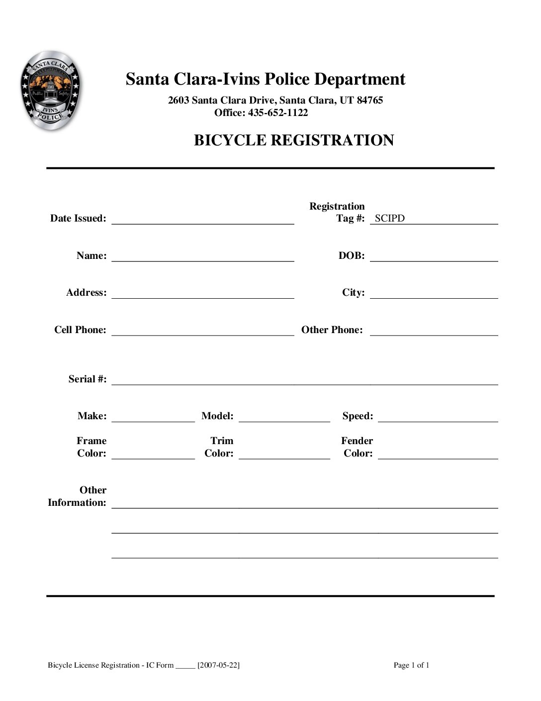 Bicycle License Registration | Ivins City
