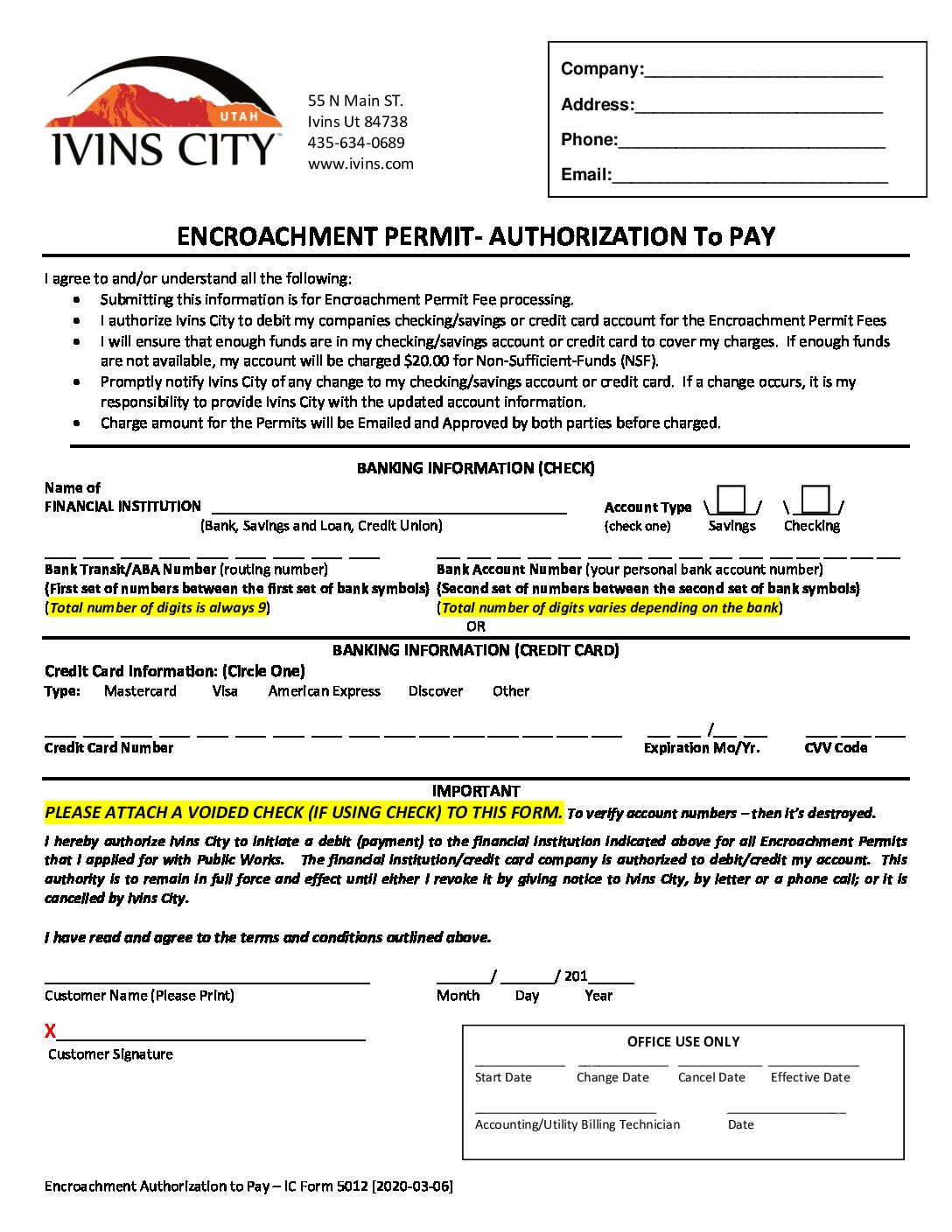 Encroachment Authorization to Pay-IC Form 5012 fill in form | Ivins City