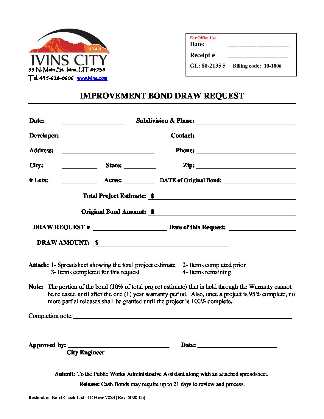 Improvement Bond Draw Request – IC Form 7017 [2020-05 Rev] Fill-in form ...