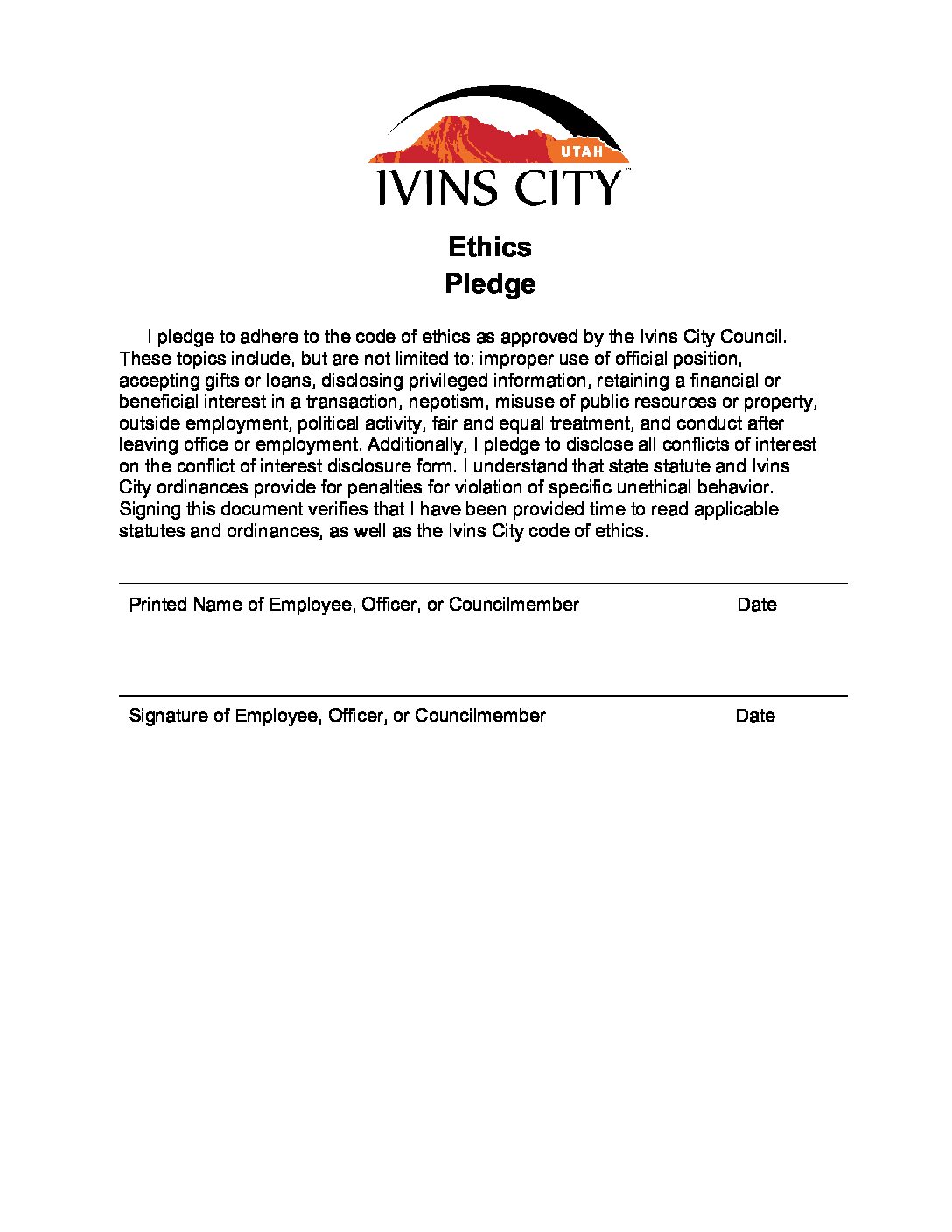 Code of Ethics Acknowledgement | Ivins City