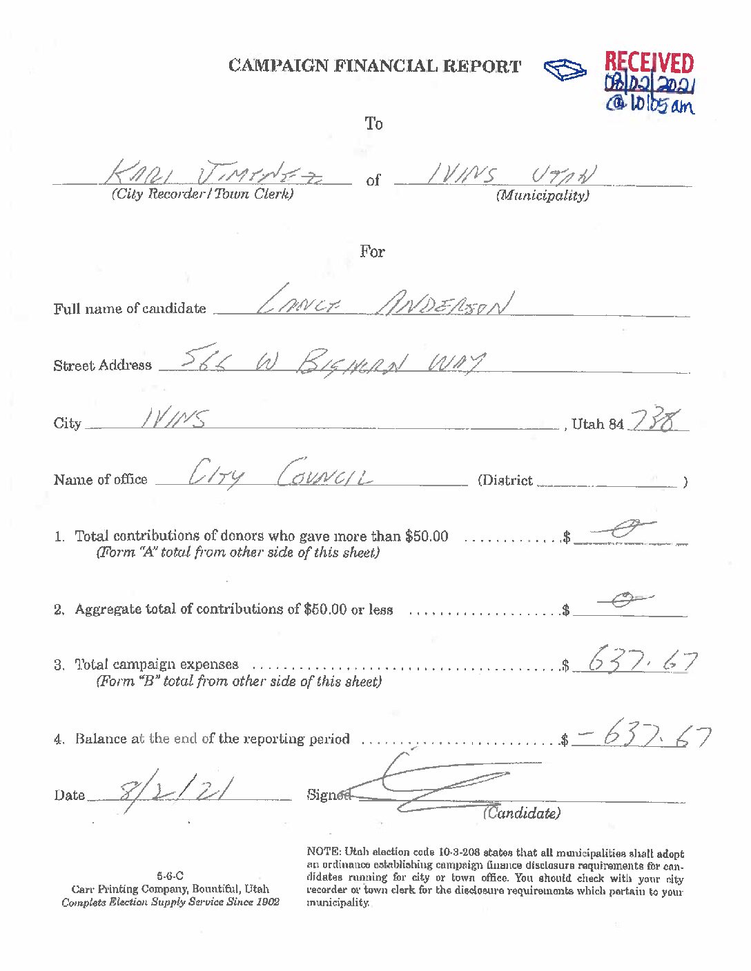 Anderson, Lance Campaign Financial Report – Primary | Ivins City