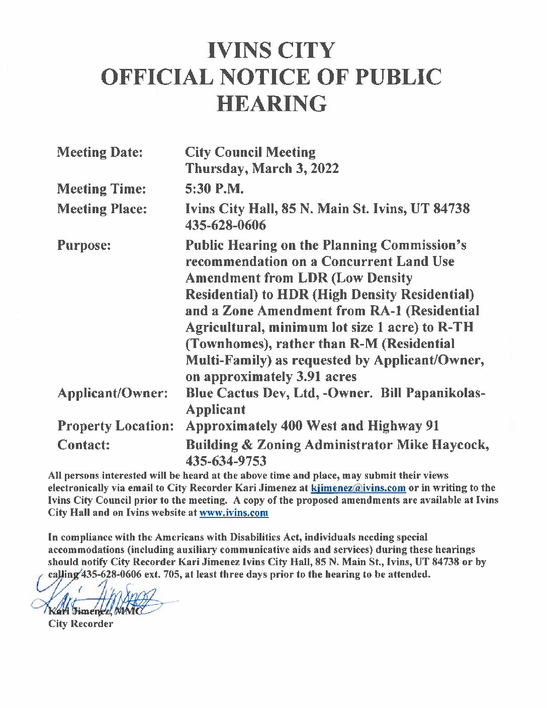 Public Hearing Notice – HDR & R-TH Papanikolas | Ivins City