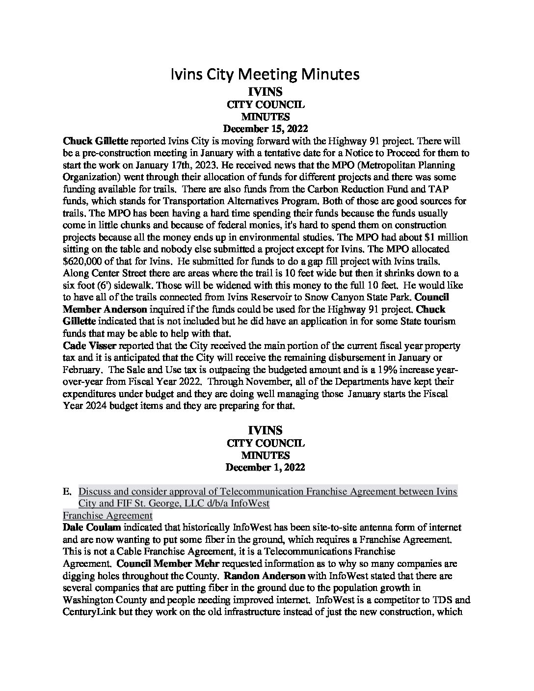 Ivins City Meeting Minutes | Ivins City