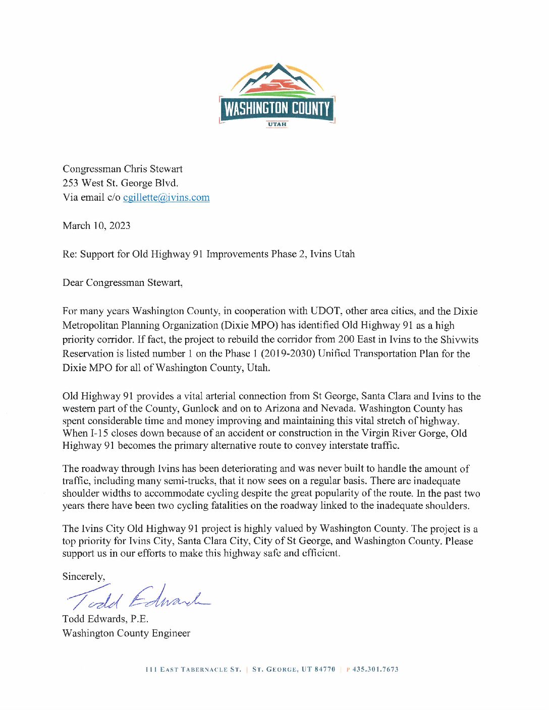 Signed Letter of Support for Ivins Old Highway 91 Phase 2 – 2023 ...