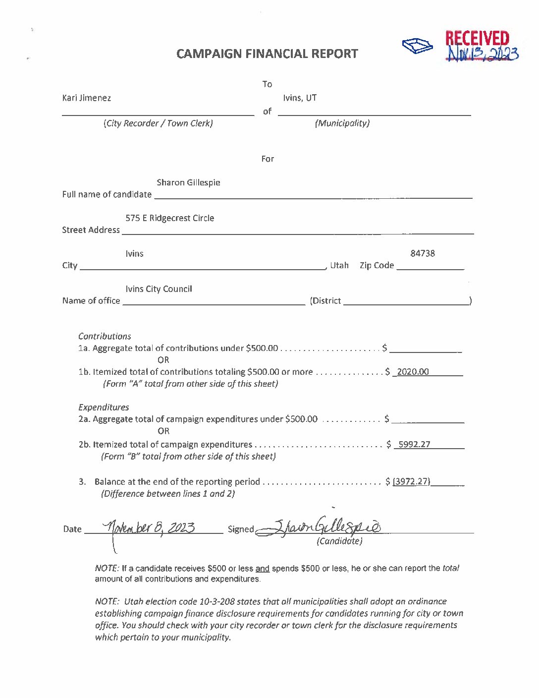 Gillespie, Sharon Campaign Financial Report Nov 2023 | Ivins City
