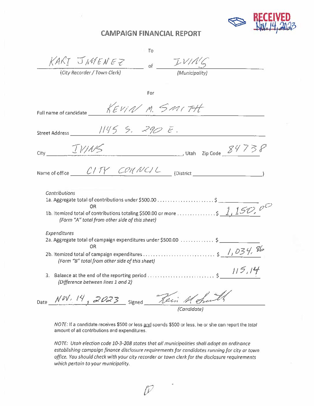 Smith, Kevin Campaign Financial Report Nov 2023 | Ivins City