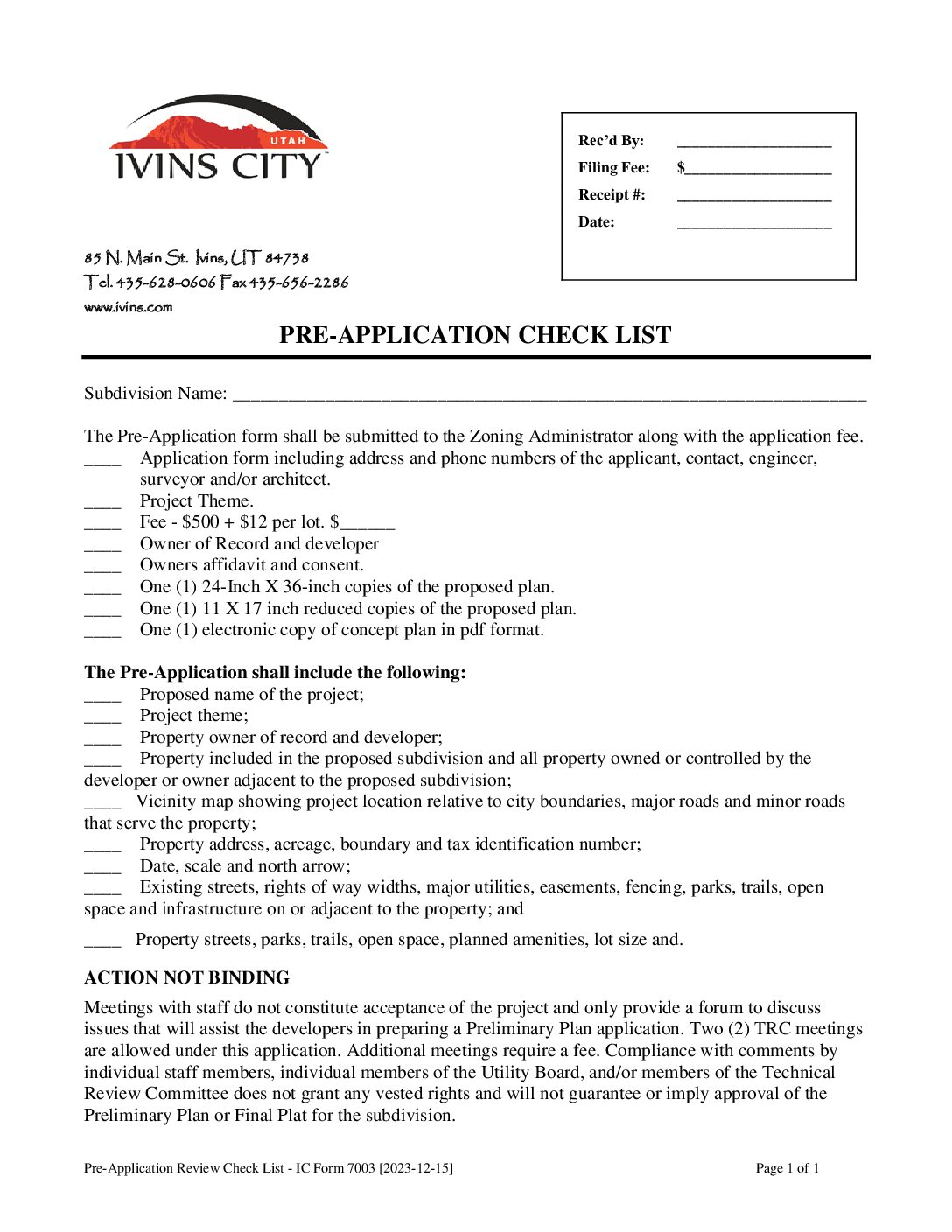 Pre-Application Check List – IC Form 7003 [2023-12-15] | Ivins City
