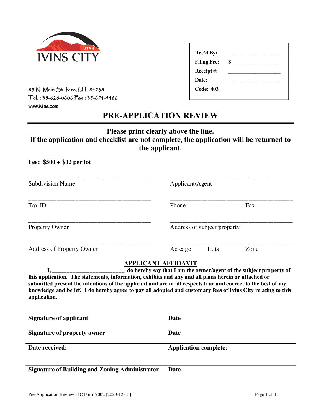 Pre-Application Review – IC Form 7002 [2023-12-15] | Ivins City