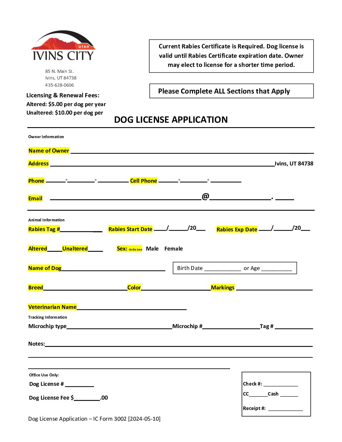 Dog License Application – IC Form 3002 [2024-05-10] | Ivins City