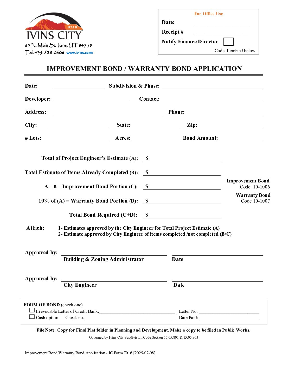 Improvement Bond-Warranty Bond Application – IC Form 7016 [2025-07 ...