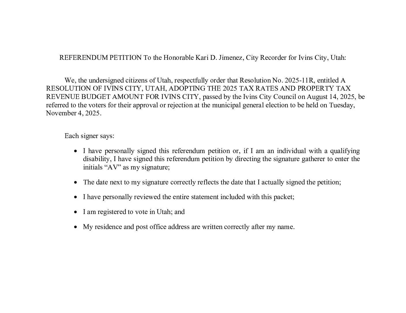 Referendum Petition | Ivins City