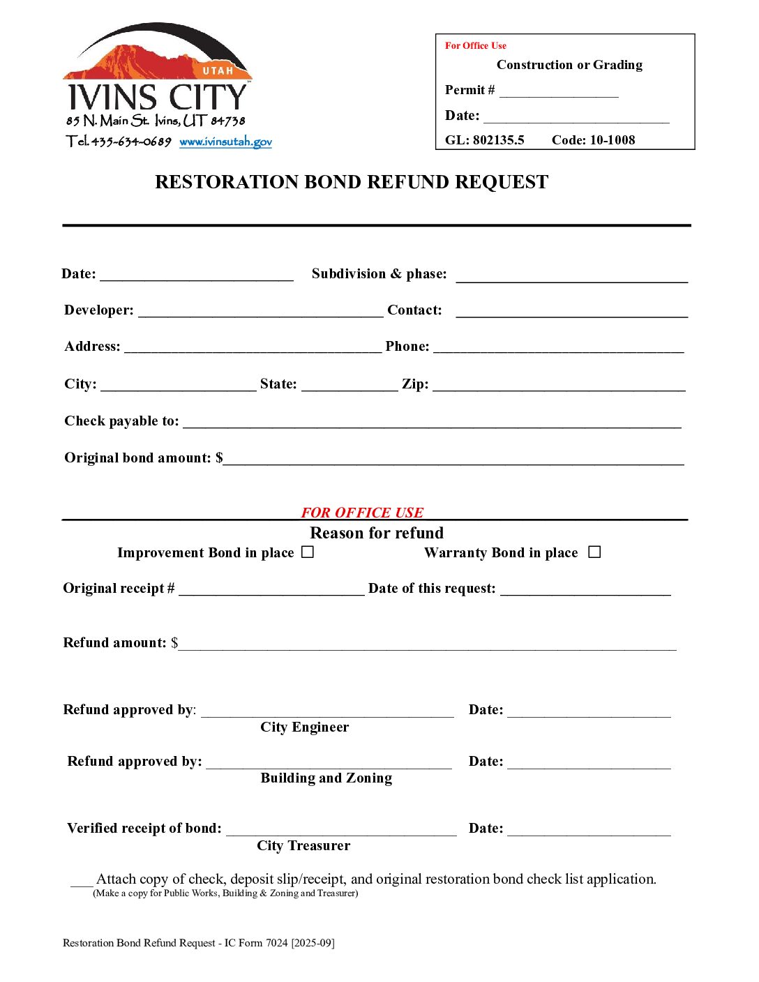 Restoration Bond Refund Request – IC Form 7024 [2025-08] | Ivins City