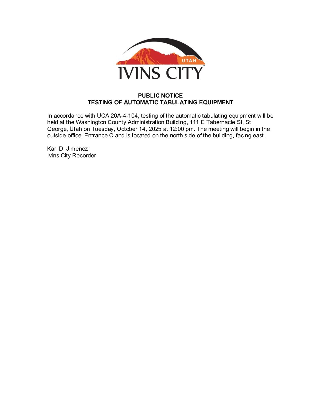 2025 General Automatic Tabulation Testing Notice – Ivins | Ivins City