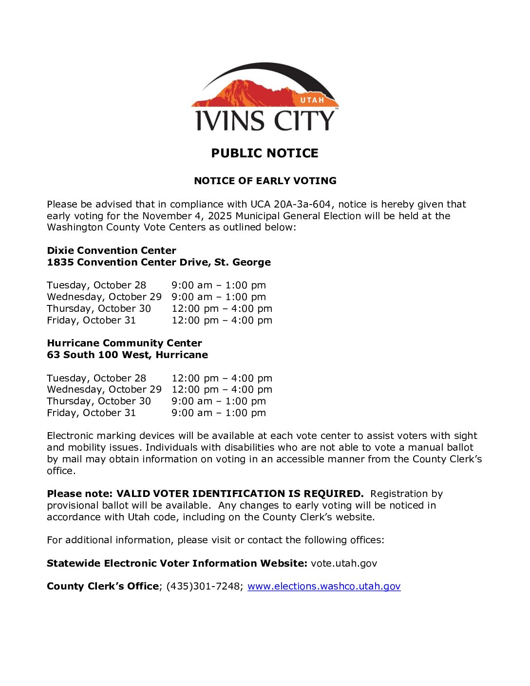 2025 General Election Early Voting Notice | Ivins City
