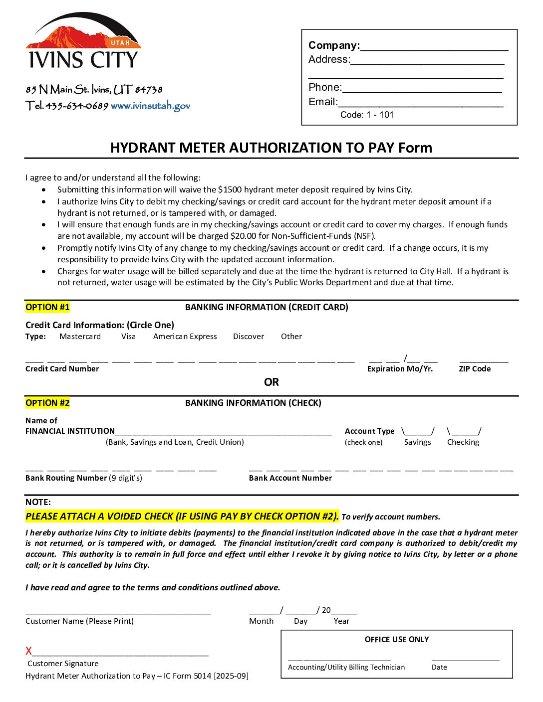 Hydrant Meter Authorization to Pay-IC Form 5014 | Ivins City