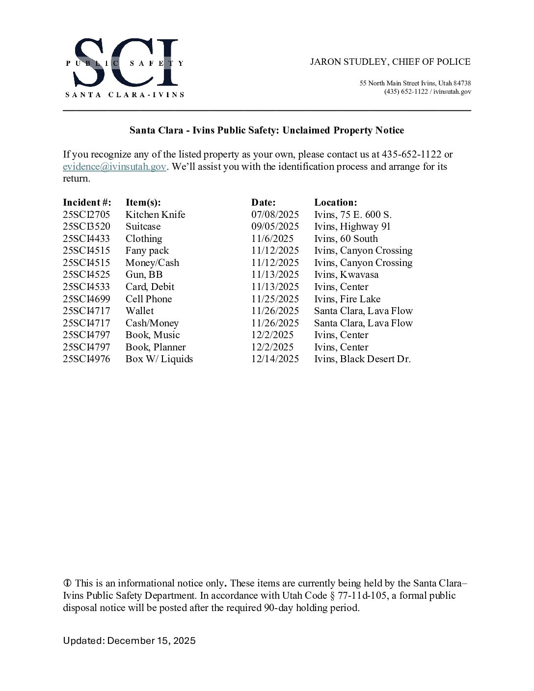 2025-12-15 Unclaimed Property Notice | Ivins City
